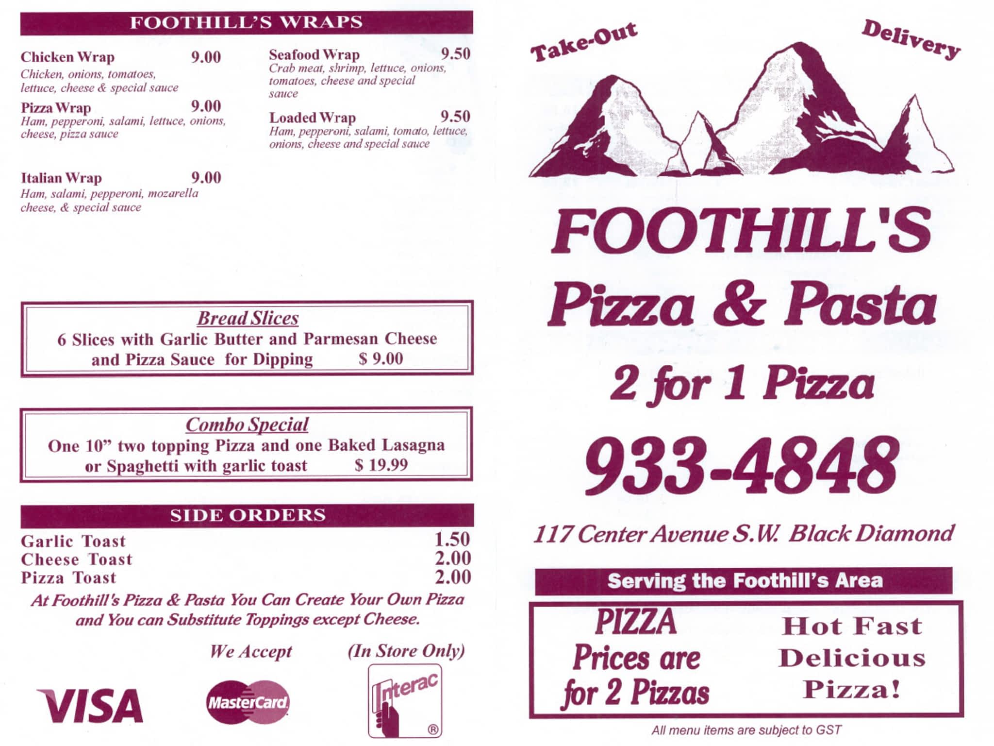 Foothills Pizza & Pasta - Black Diamond, AB - 117 Centre Ave W | Canpages