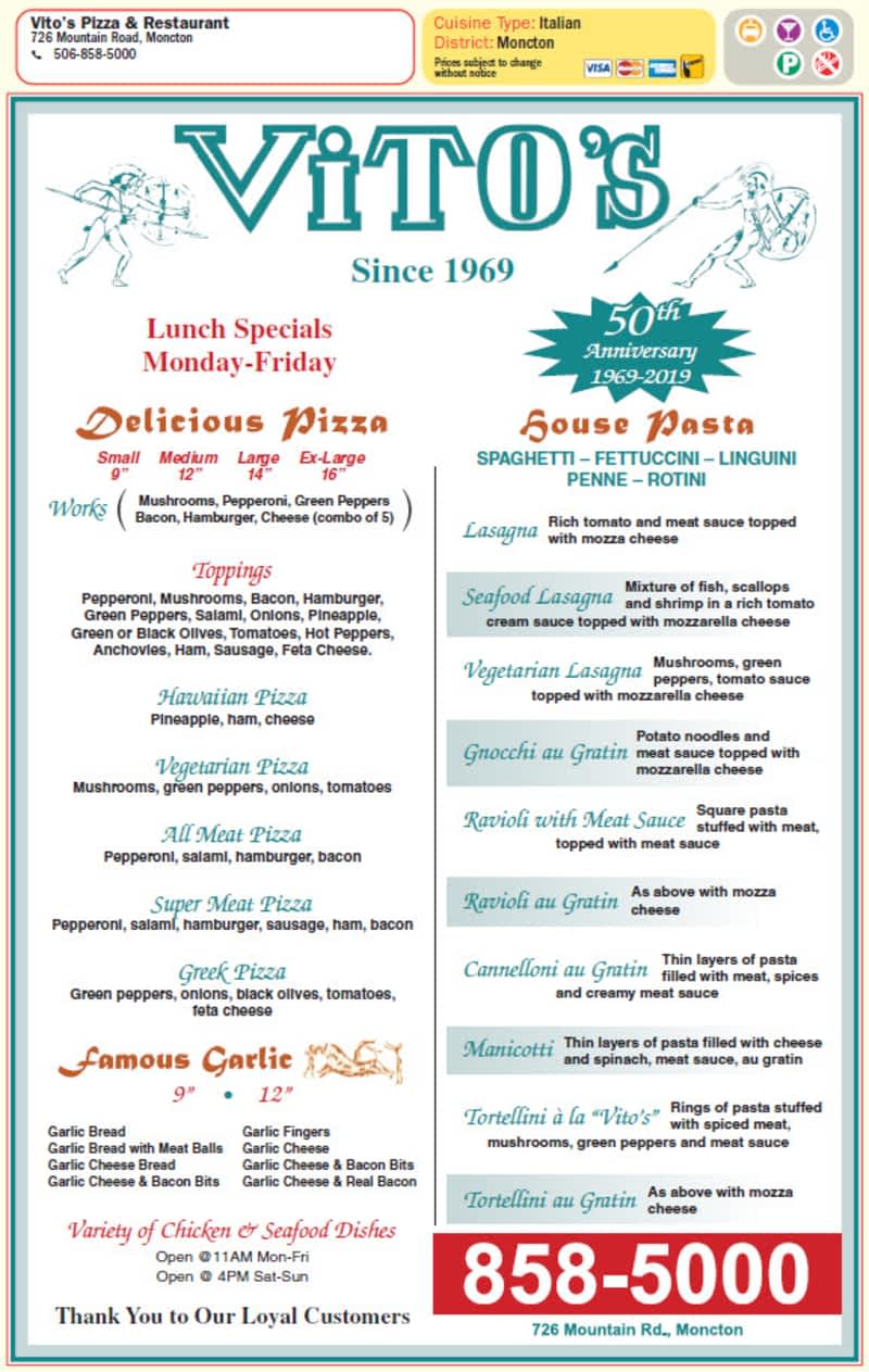 Vito's Pizza & Restaurant - Moncton, NB - 726 Mountain Rd | Canpages